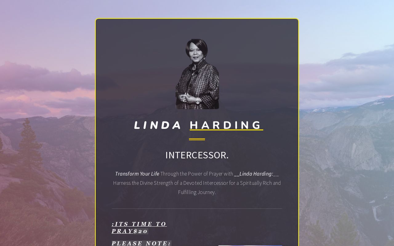 Linda Hardings Landing page.